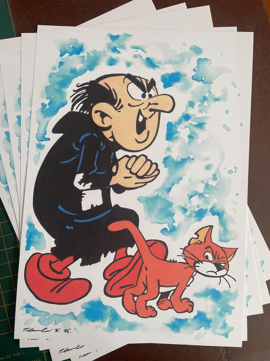 PRINT .. Gargamel & Azrael .. Signed Fan-art. the Smurfs . Uk A4 Size ...