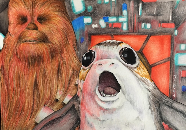 Porg & Chewbacca Original Drawing ,fan-art A4. Star Wars the Last Jedi ...