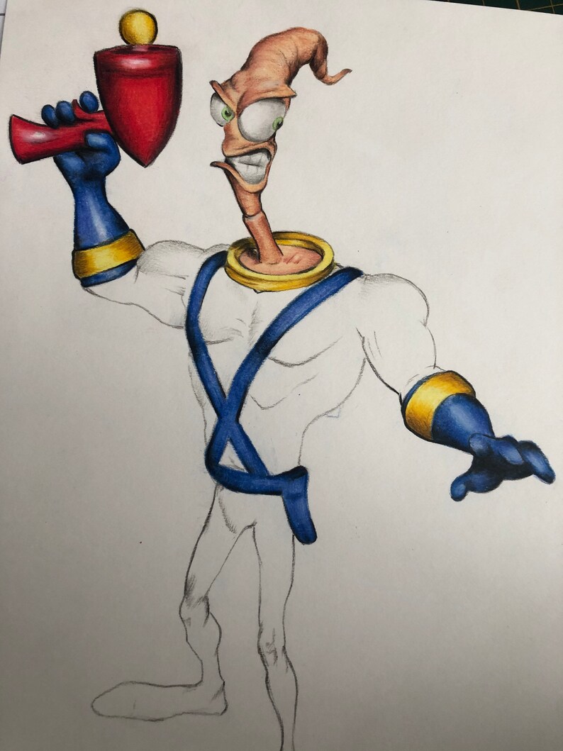 Earthworm Jim Pencil Drawing . Original Fan-art A4. - Etsy