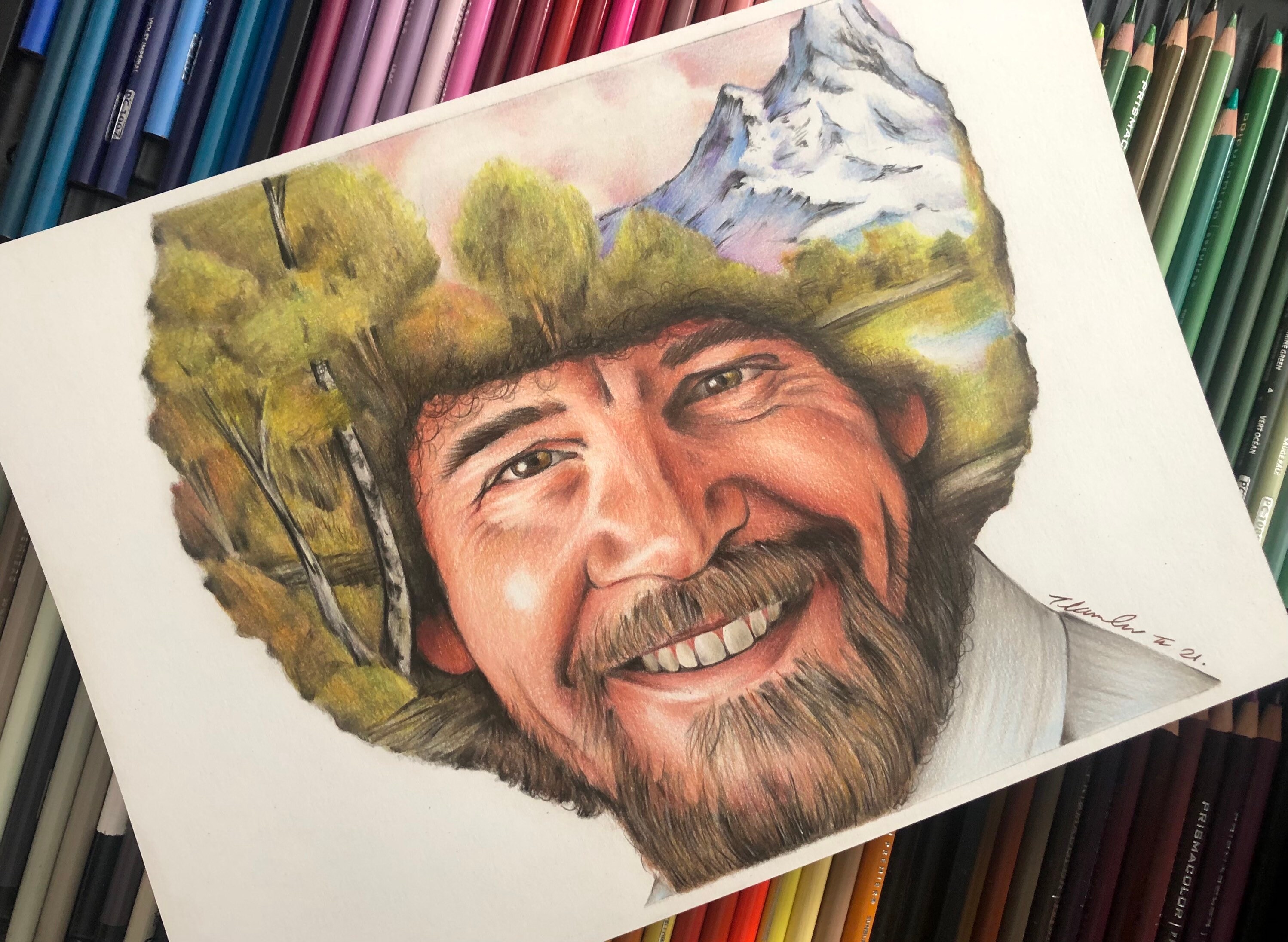 Dibujo a lápiz de Bob Ross. Fan-art original de A4 | Etsy