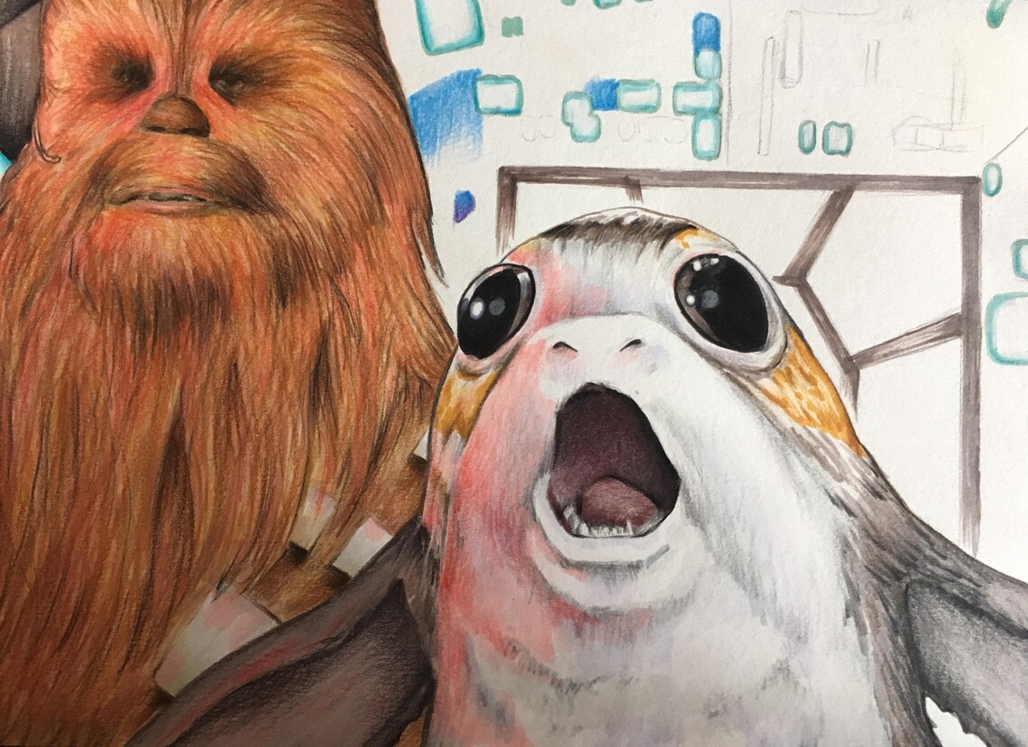 Porg & Chewbacca Original Drawing ,fan-art A4. Star Wars the Last Jedi ...