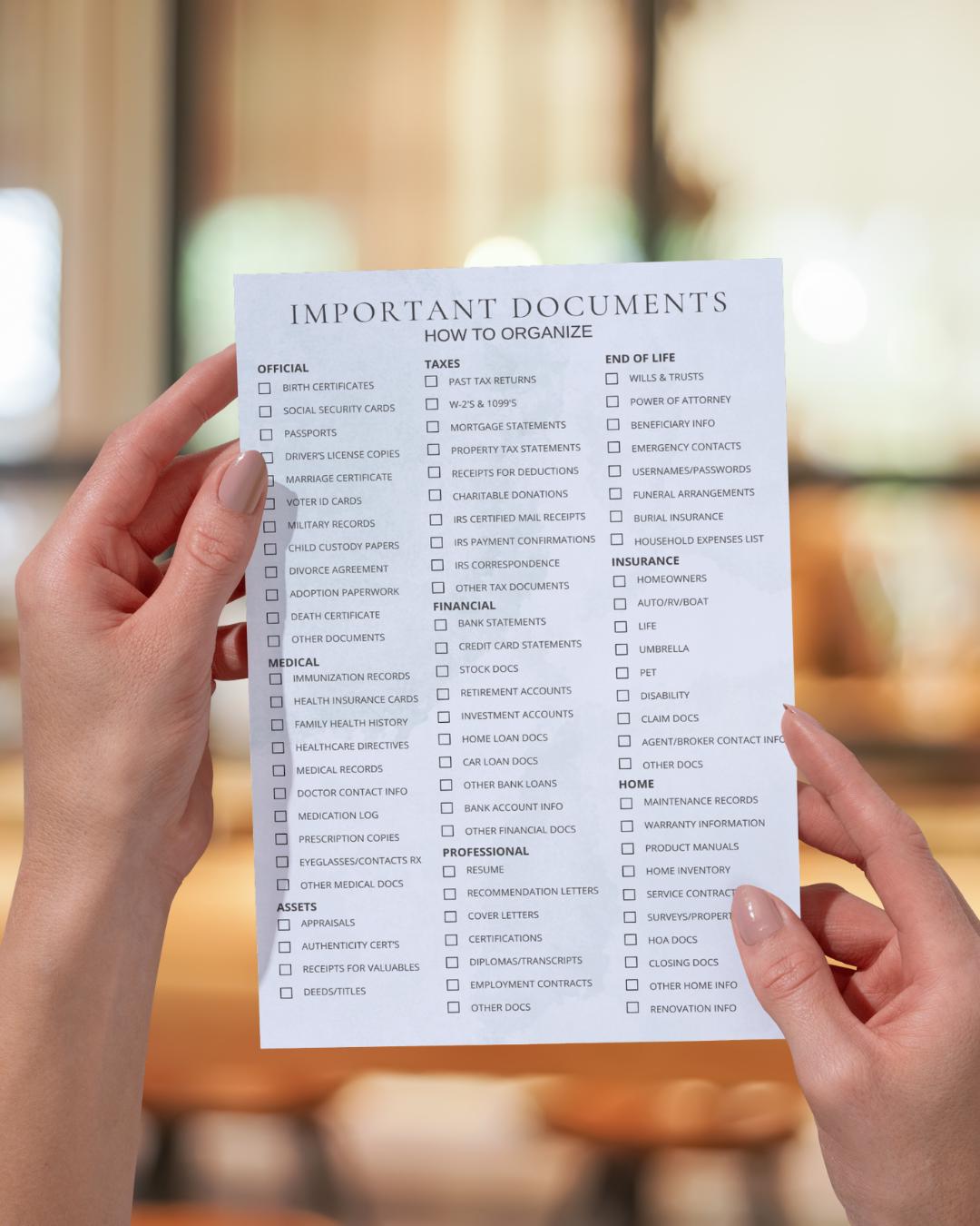 Important Documents Checklist | Printable Filing System Organizer | Paperwork Sorter | Home ...