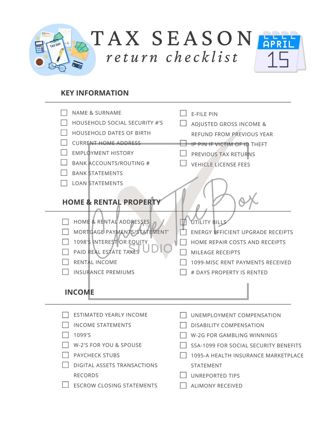 IRS and Tax Season Checklist Printable | Personal and Business Tax ...