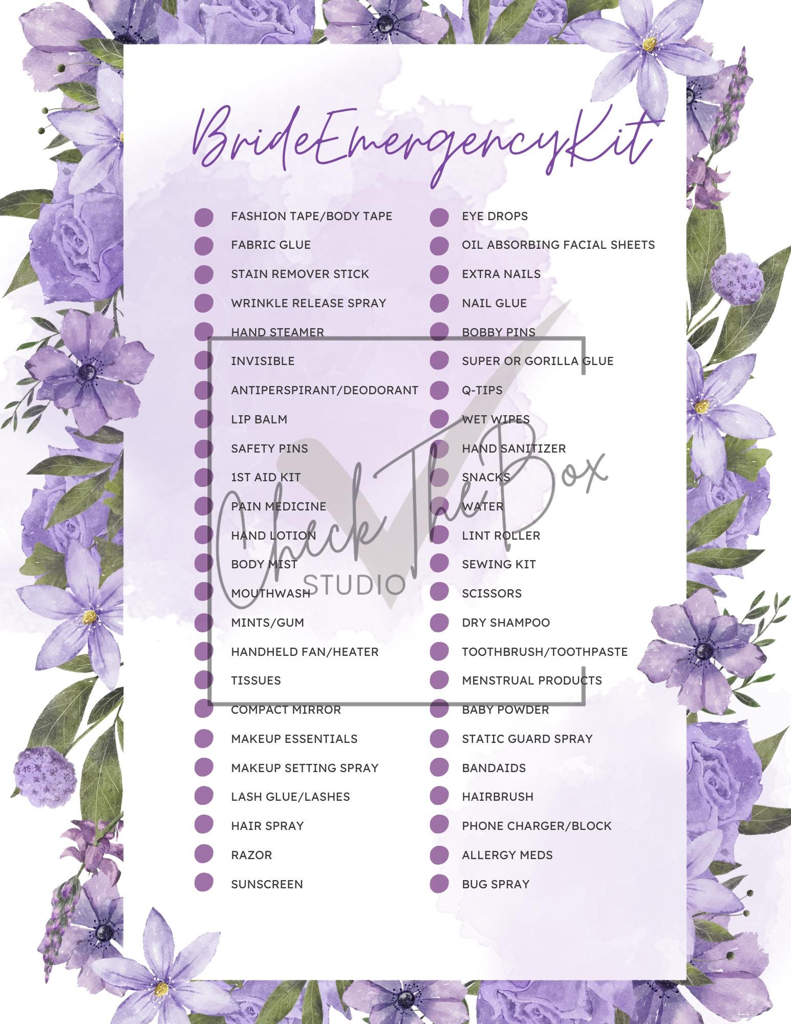 Bride Emergency Kit Checklist Printable | Wedding Day Necessities Must ...