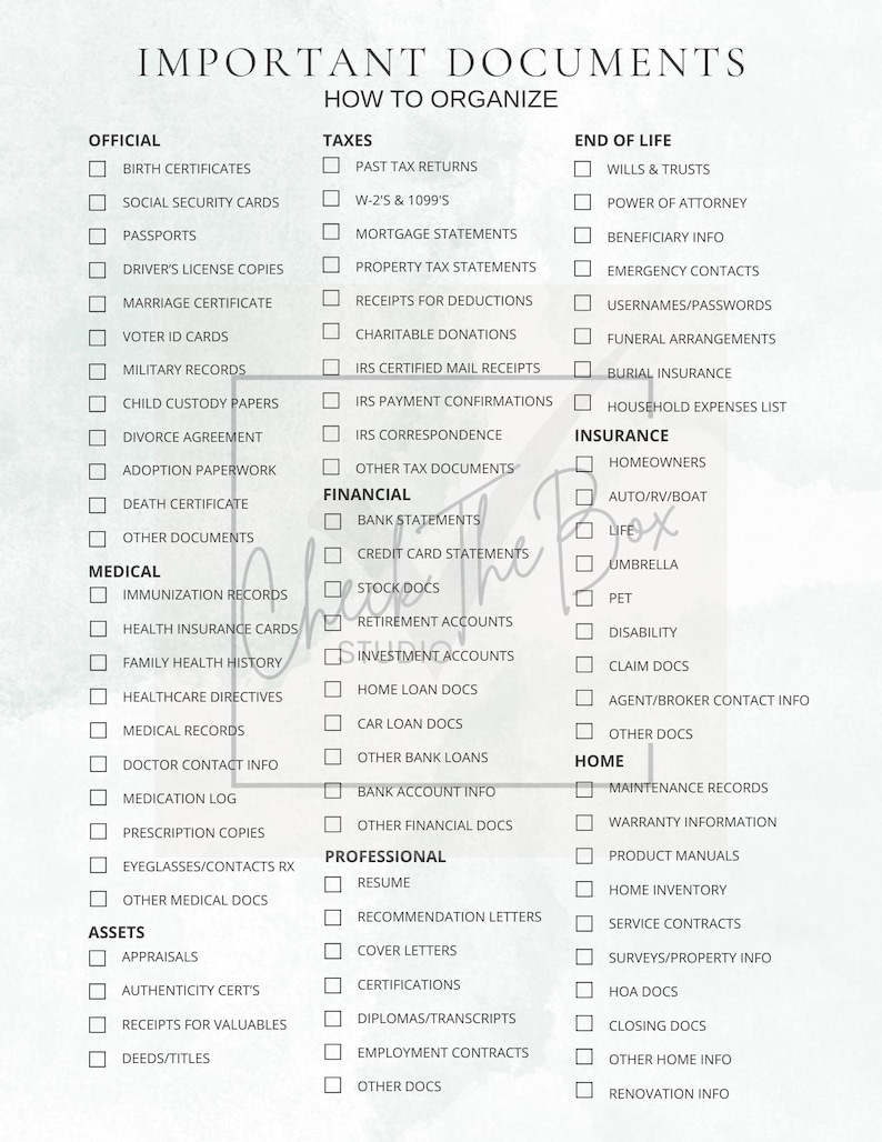 Important Documents Checklist | Printable Filing System Organizer ...