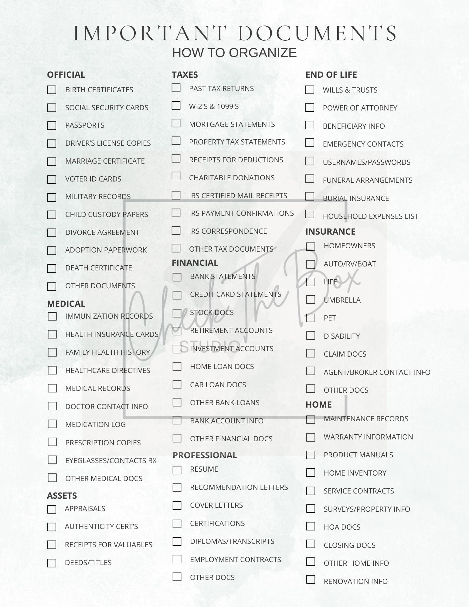 Important Documents Checklist | Printable Filing System Organizer | Paperwork Sorter | Home ...