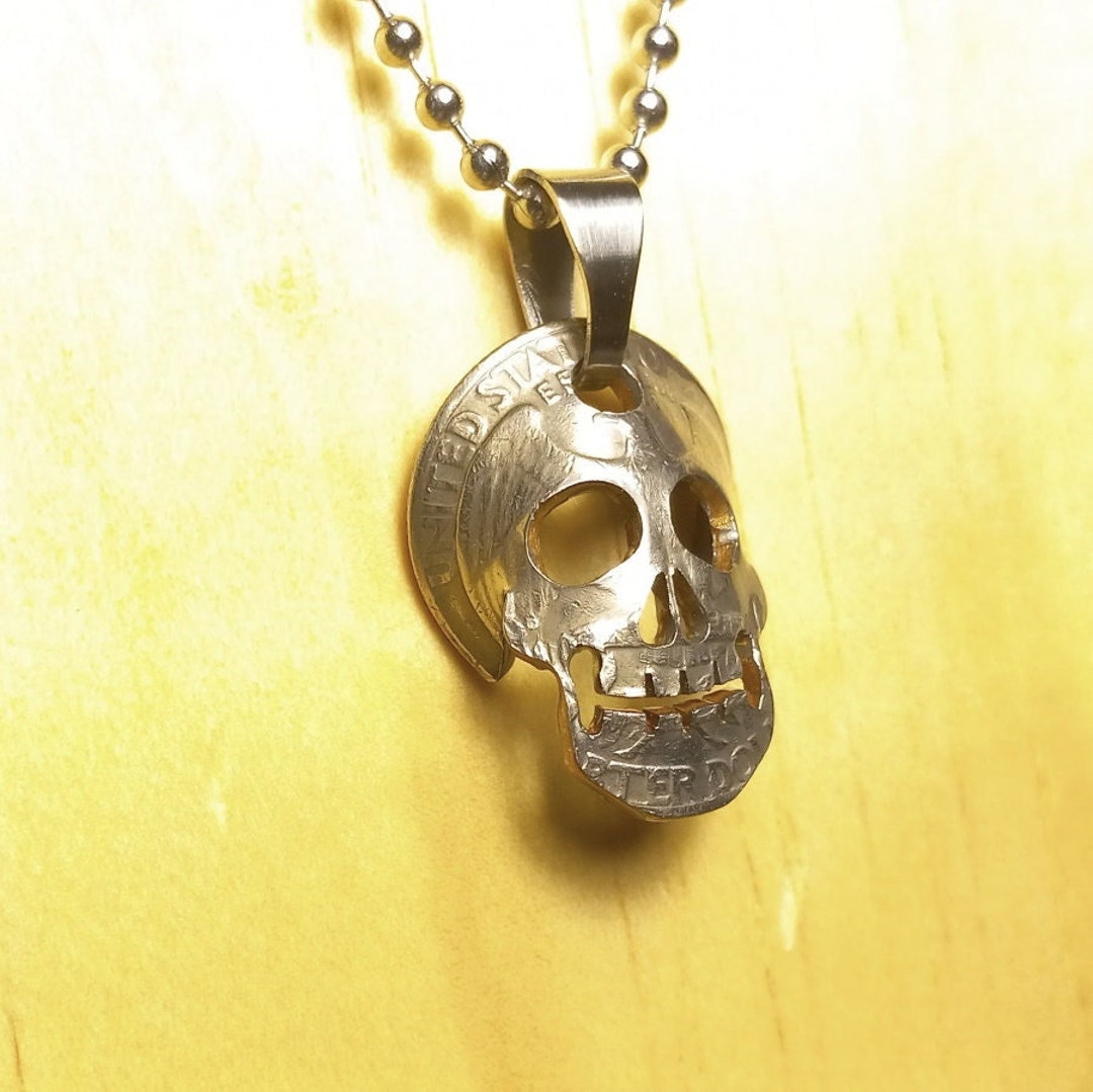 SKULL US QUARTER Hand Cut Skull Coin Handmade Skeleton Charm Halloween ...