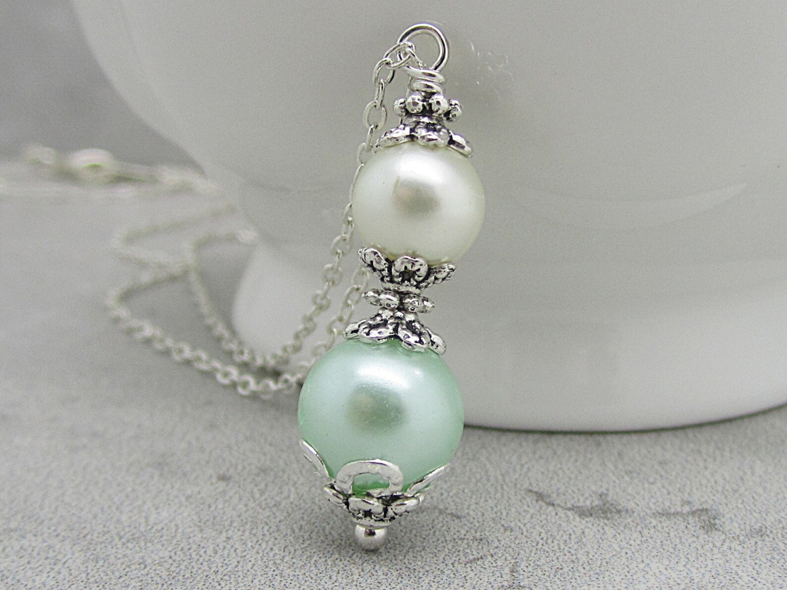 Ivory and Mint Pearl Necklace Pearl Drop Pendant Mint - Etsy