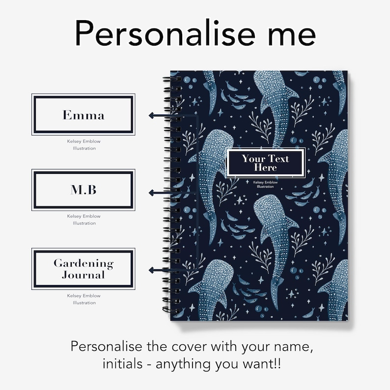 Personalised A5 Notebook, Whale Shark Journal, Lined Pages, Sea Life ...