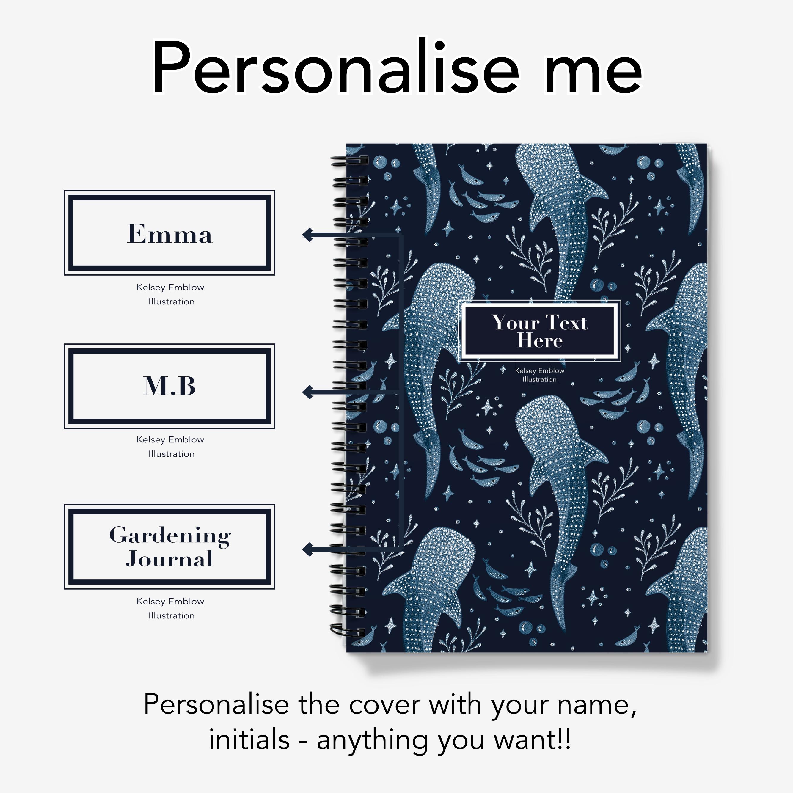 Personalised A5 Notebook, Whale Shark Journal, Lined Pages, Sea Life ...