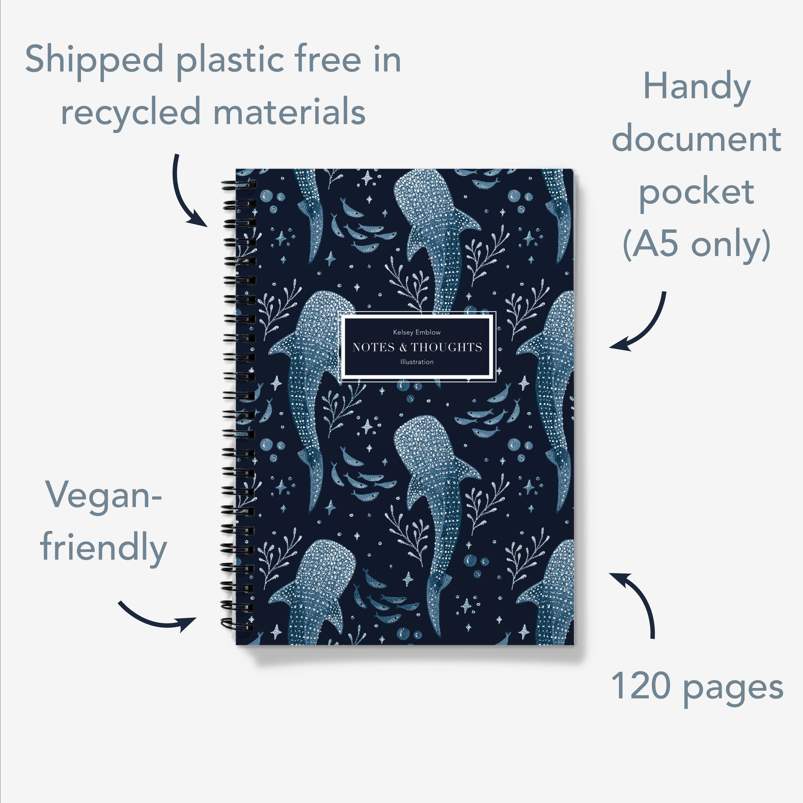 Personalised A5 Notebook, Whale Shark Journal, Lined Pages, Sea Life ...