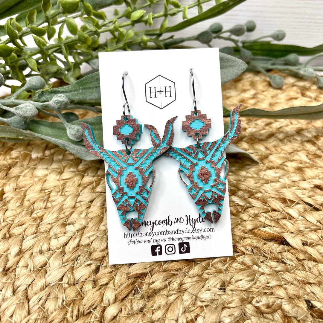 Long Horn Engraved Earrings, Steer Head Boho Western Jewelry, Aztec ...