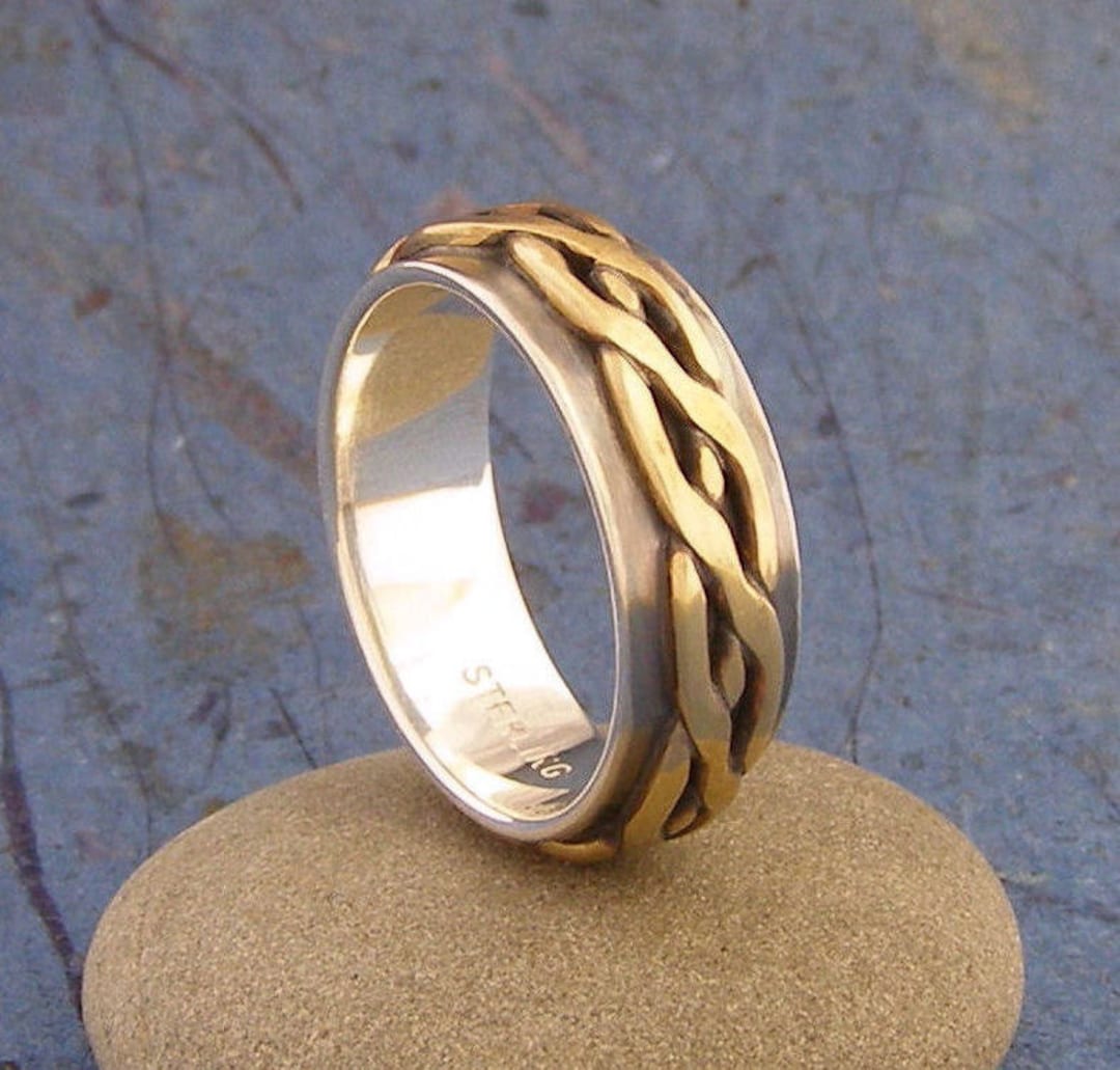 Men's Earthy Rustic Braided Antique Bronze and Sterling Silver Ring ...