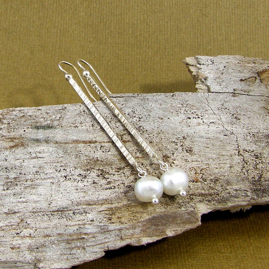Long Pearl Drop Earrings ~ Hammered Silver and Large White Freshwater ...