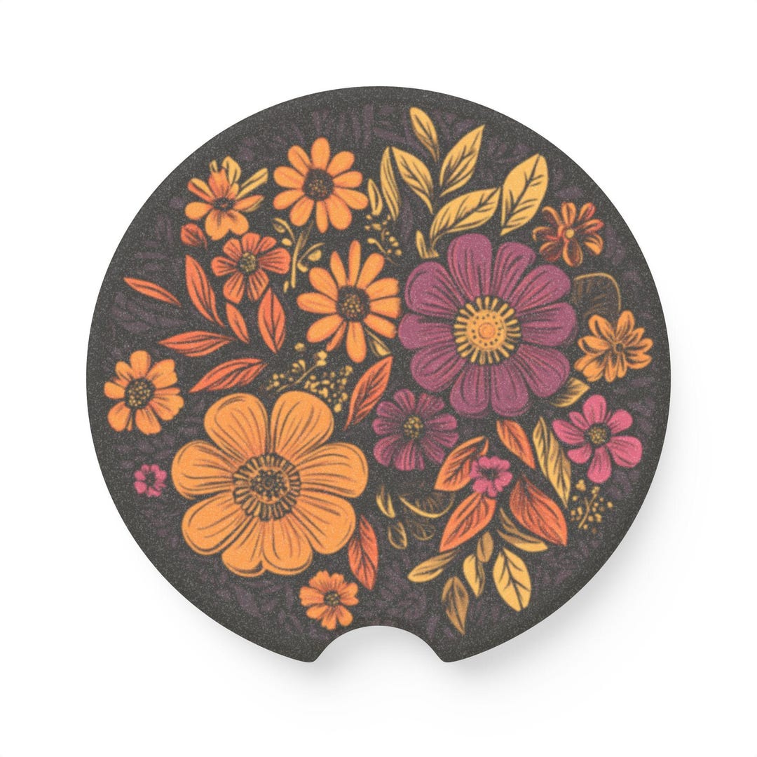 Retro Orange Flowers Soapstone Car Coaster Purple Flowers Coaster Car ...