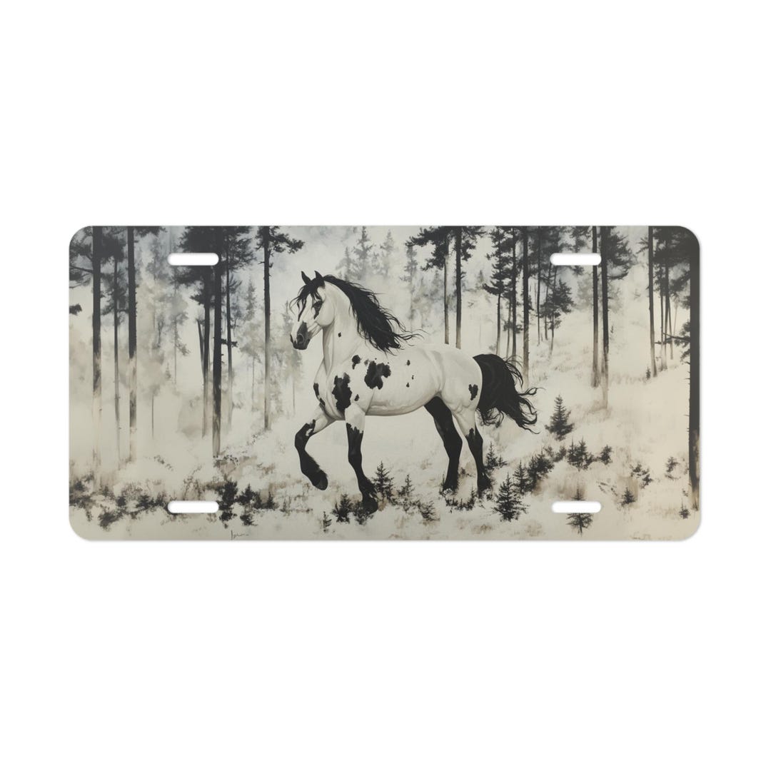 ON SALE, White Horse Vanity Plate Black Pine Trees, Front of Car, Car ...