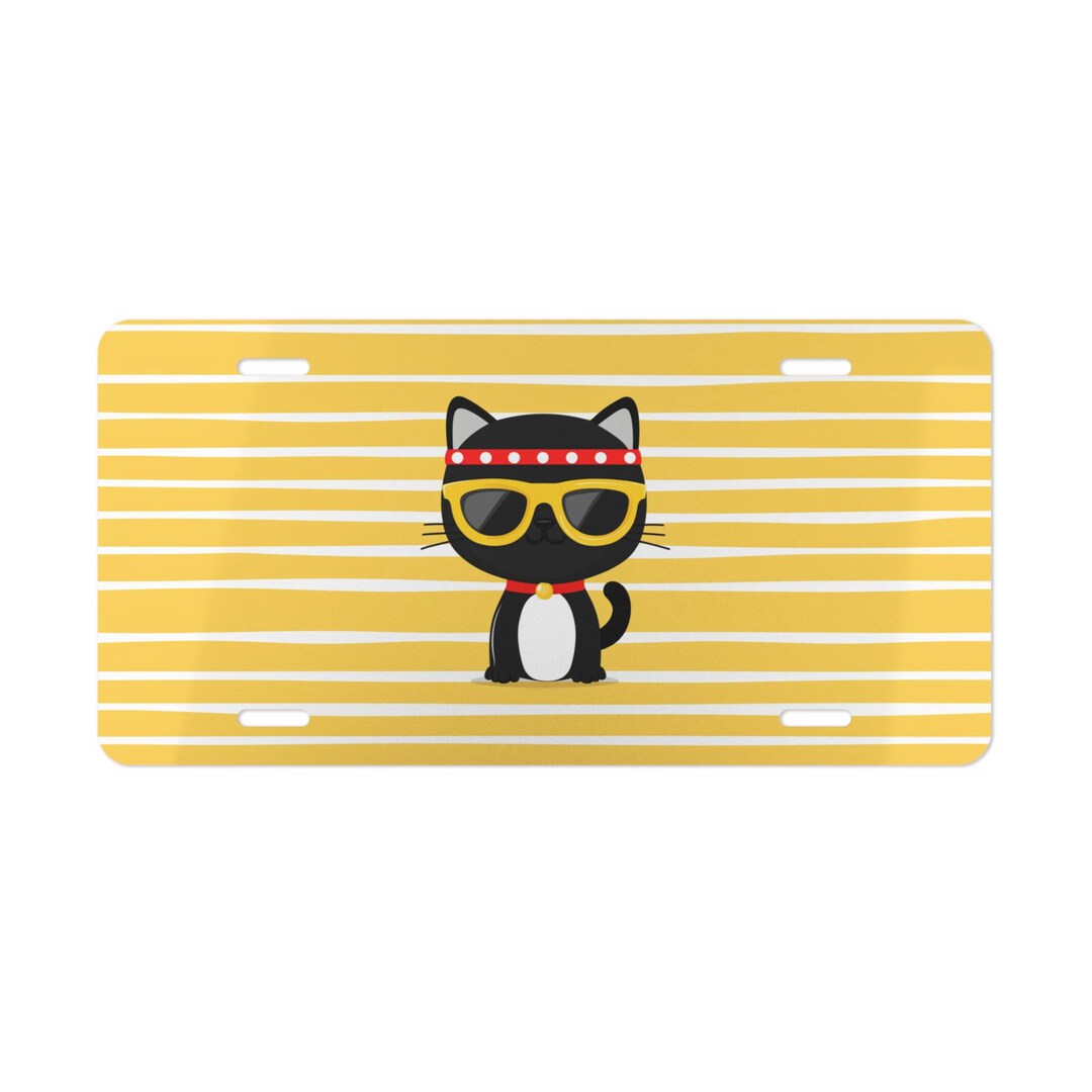 ON SALE, Cool Black Cat Vanity Plate Hippie Yellow Stripes, Front of ...