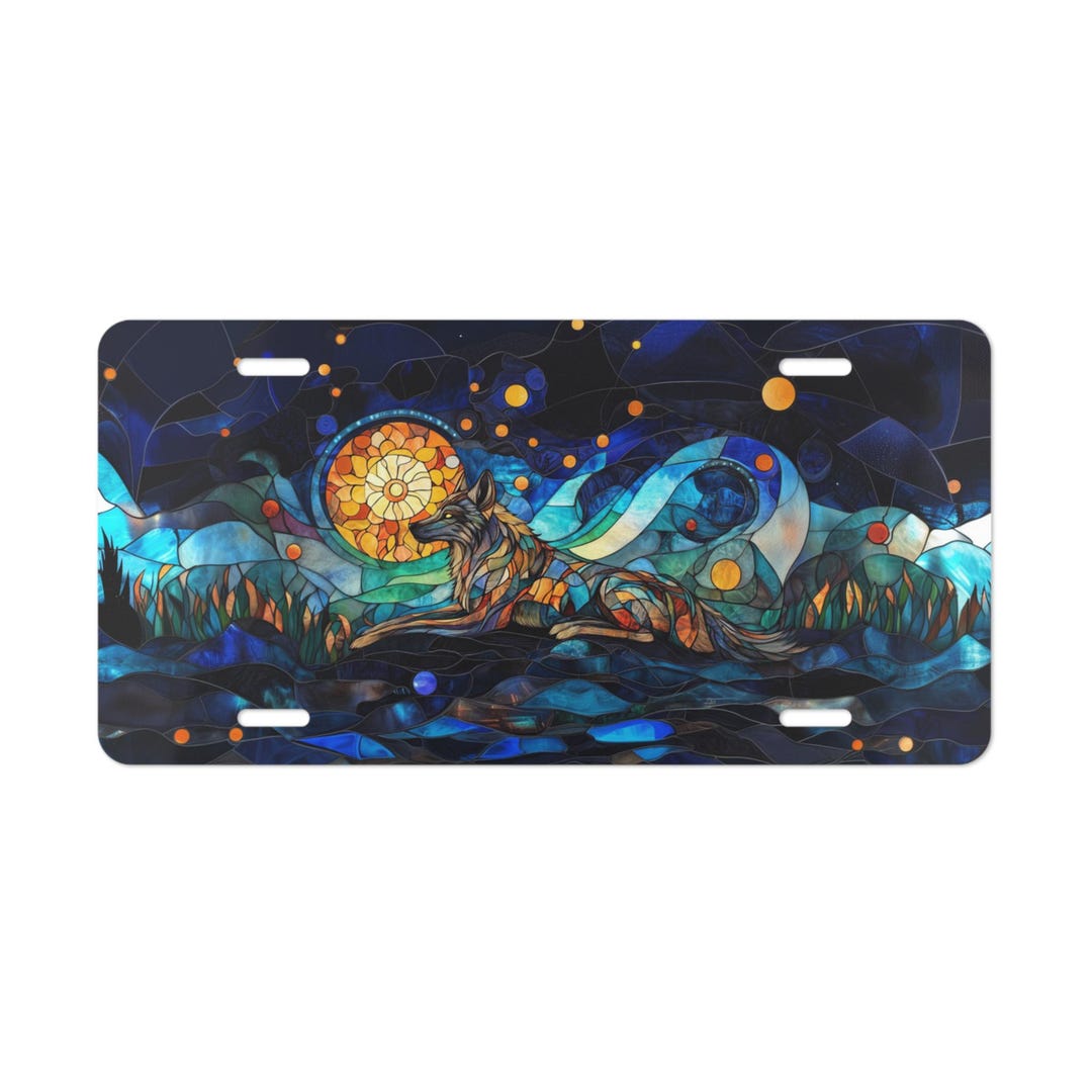 ON SALE, Celestial Wolf Vanity Plate Stained Glass, Front of Car, Car ...