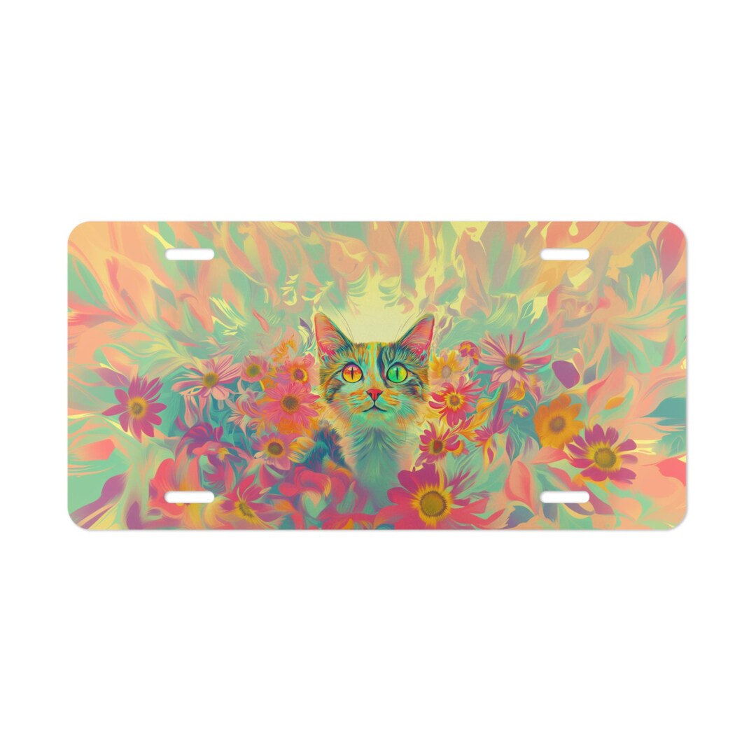 ON SALE, Hippie Cat Vanity Plate Colorful Neon Pastel Flowers, Front of ...