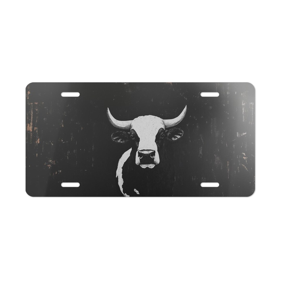 ON SALE, Bull Black Vanity Plate White Face, Front of Car, Car ...