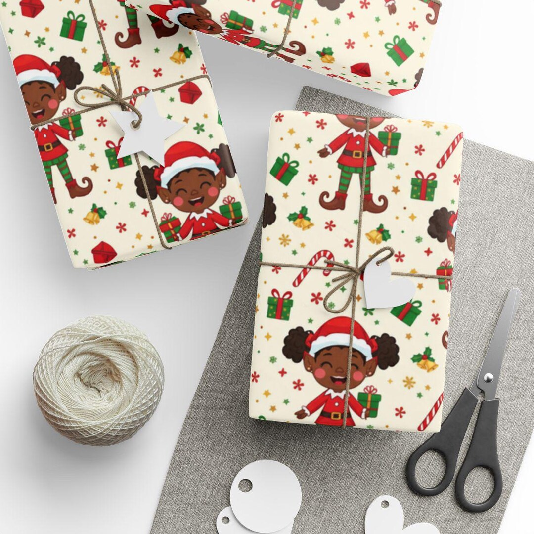 Elf Christmas Wrapping Paper, Black Santa Helper Holiday Gift Wrap ...