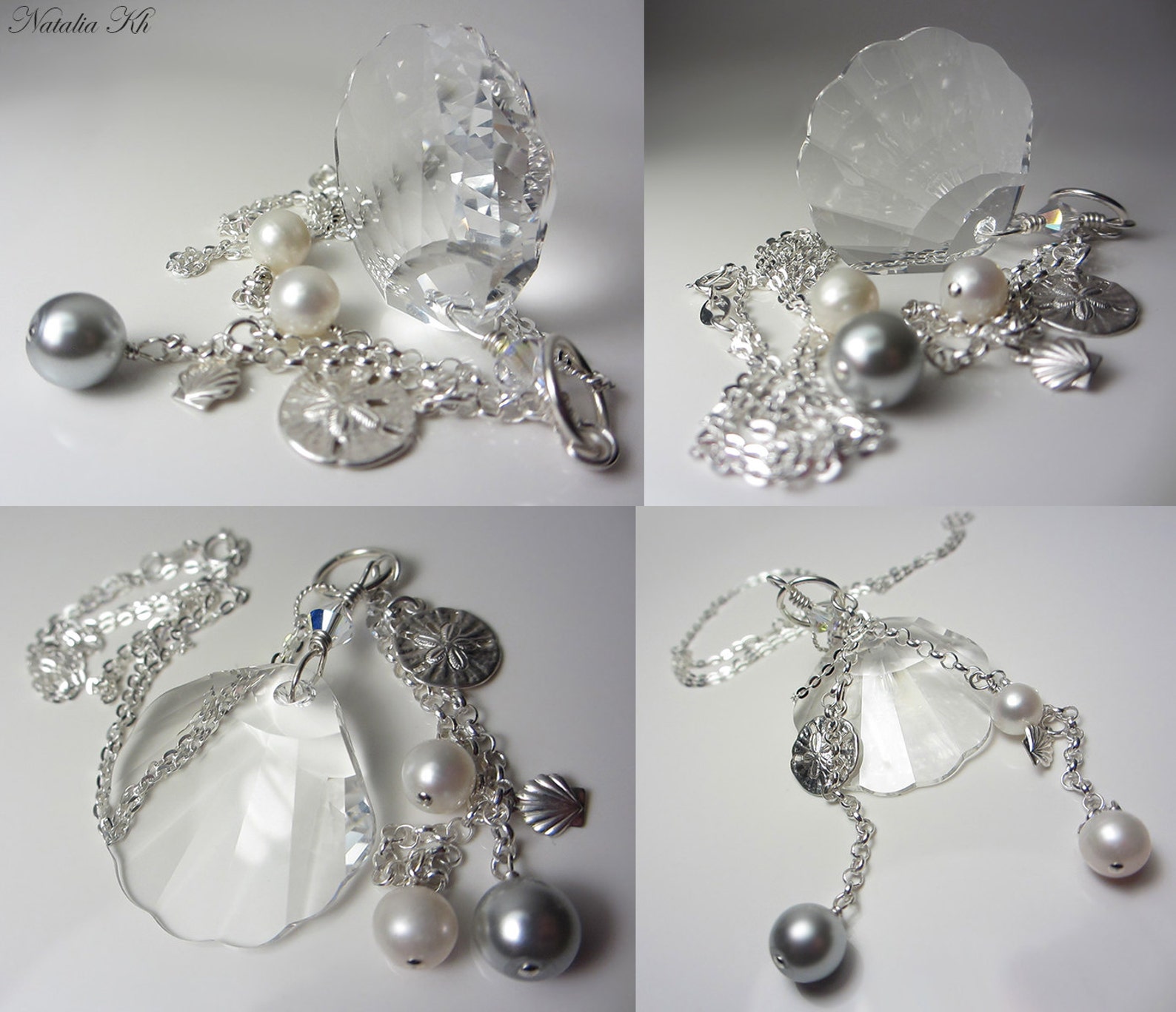 LARGE Swarovski Crystal Clear Shell Necklace Sterling Silver Sand ...