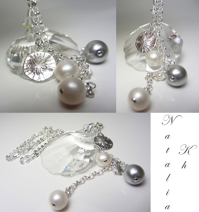 LARGE Swarovski Crystal Clear Shell Necklace Sterling Silver Sand ...