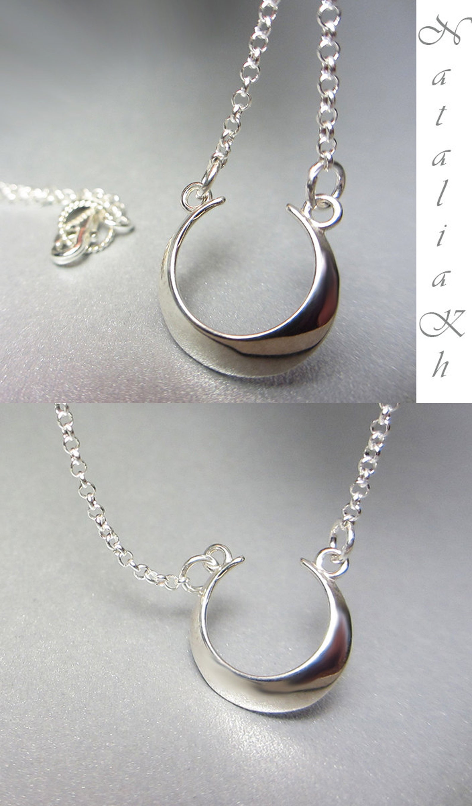 925 Sterling Silver Crescent Moon Necklace Domed Crescent Moon Pendant ...