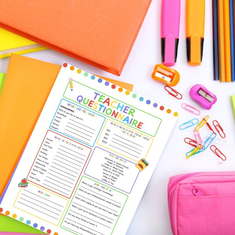 Teacher Questionnaire Teacher Survey First Day of School Get to Know ...