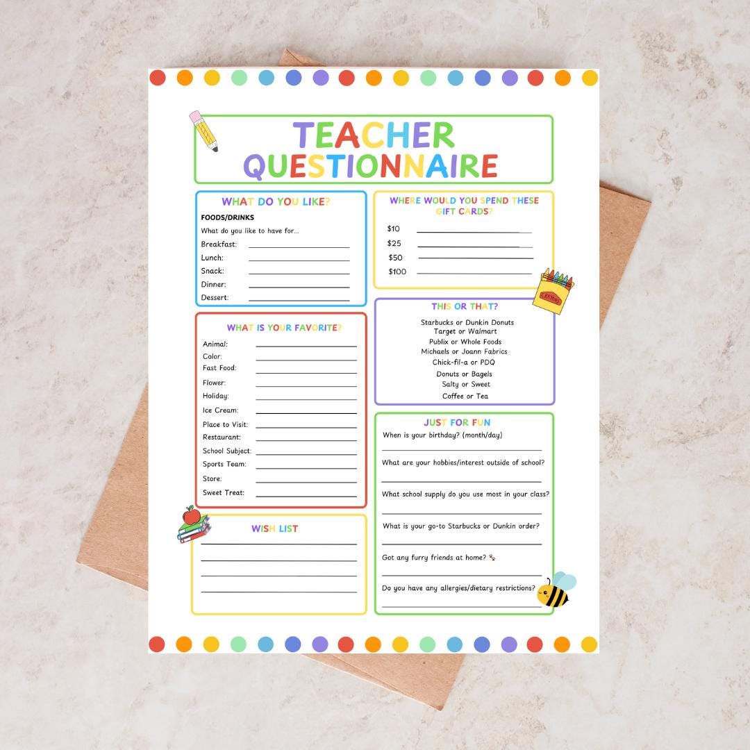 Teacher Questionnaire Teacher Survey First Day of School Get to Know ...