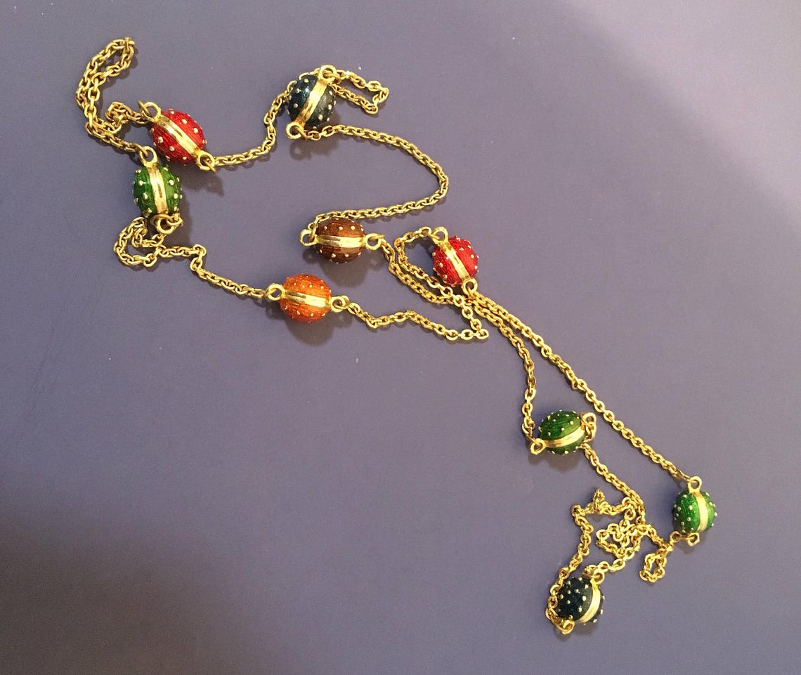 Vintage Extra Long 22" Gold Chain Necklace Large Enameled Gold Dotted ...