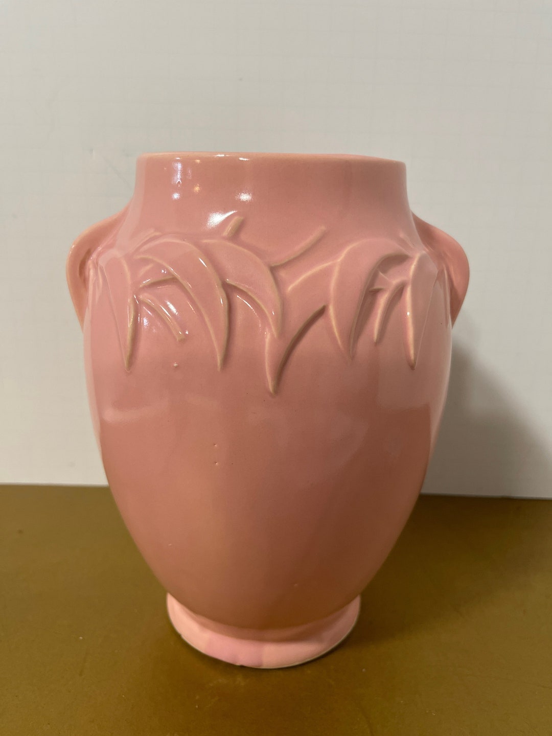 Mccoy Signed Pottery PINK Leaf Top Leaf Border Handled Vase 1950s ...
