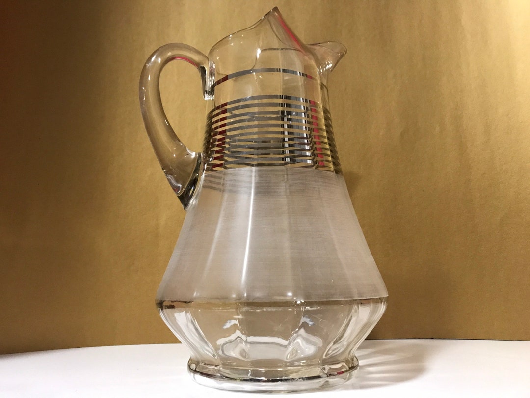 Vintage MCM Glass Pitcher Clear With Frosted Bottom Half Silver Striped ...