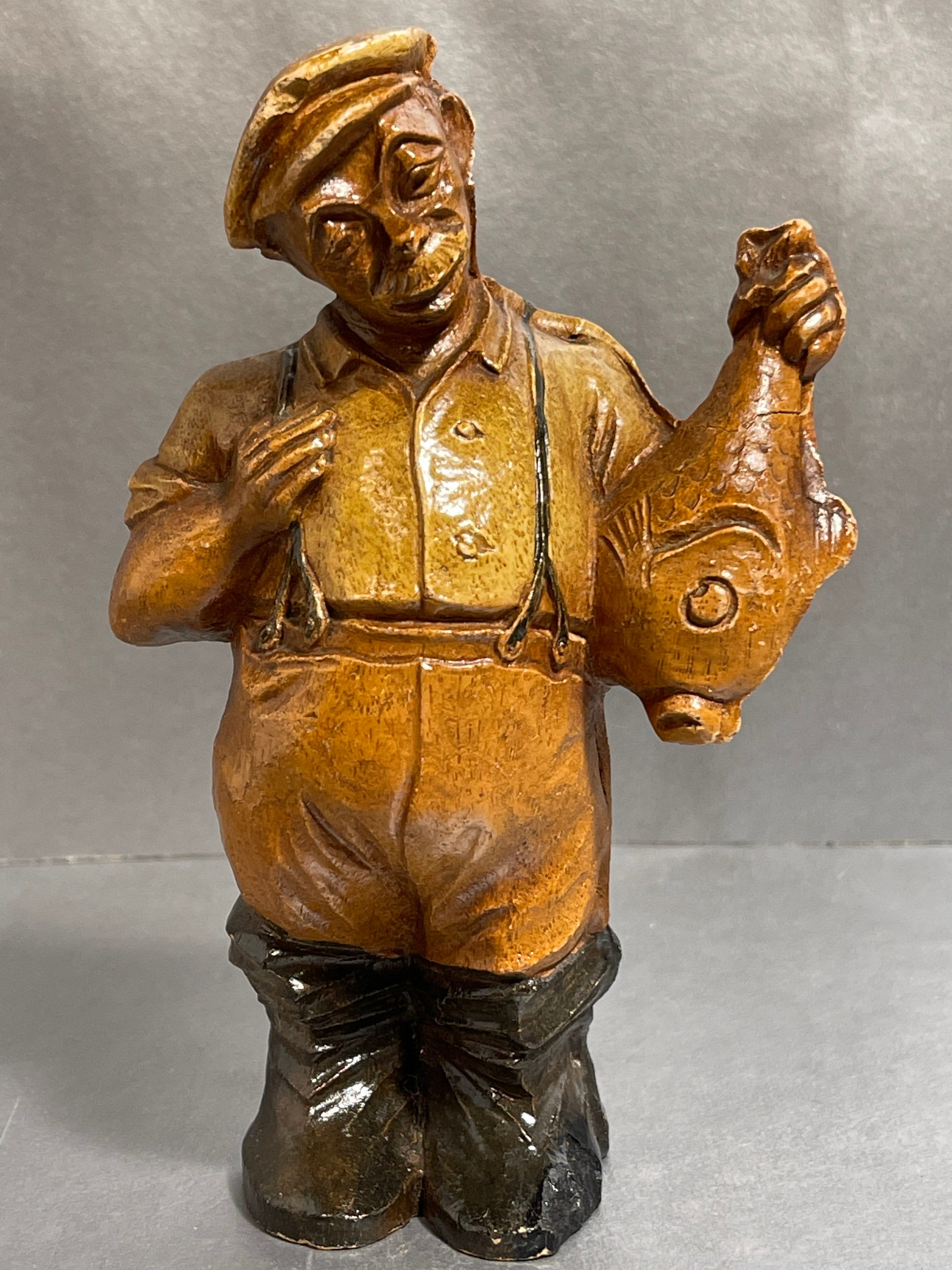 Syroco Wood Vintage Fisherman Figurine with Large Fish | Etsy