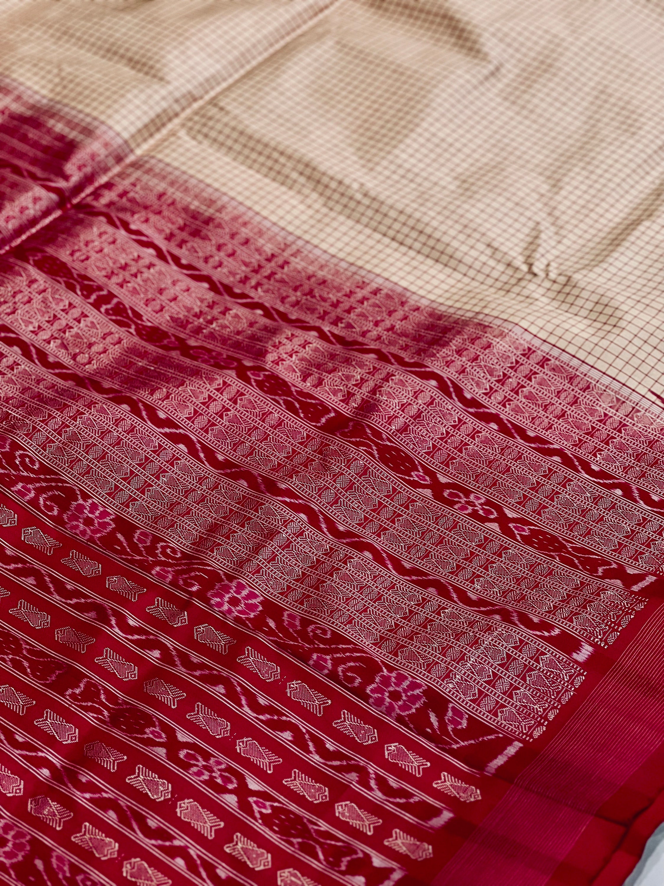 Handloom Off-white and Pink Silk Ikat Saree Red Border and Pallu Orissa ...