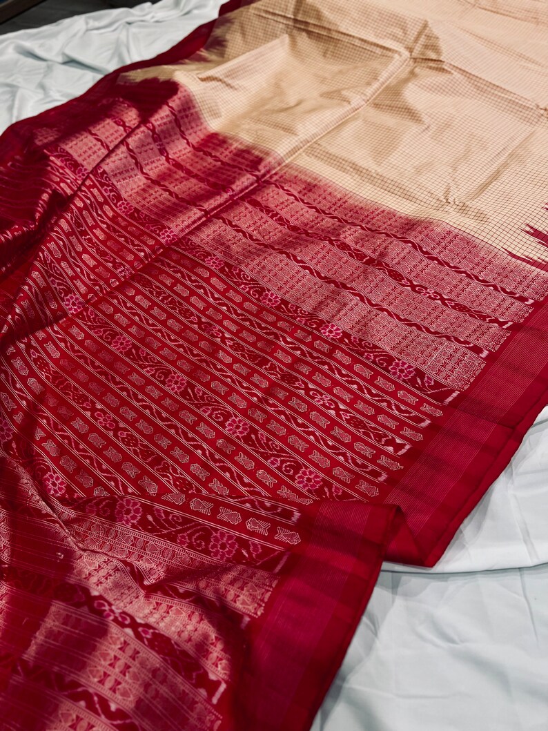 Handloom Off-white and Pink Silk Ikat Saree Red Border and Pallu Orissa ...