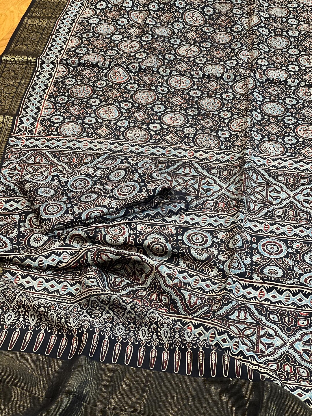 Hand Block Printed Ajrakh on Black Dola Silk | Thin Zari Border | Dola ...
