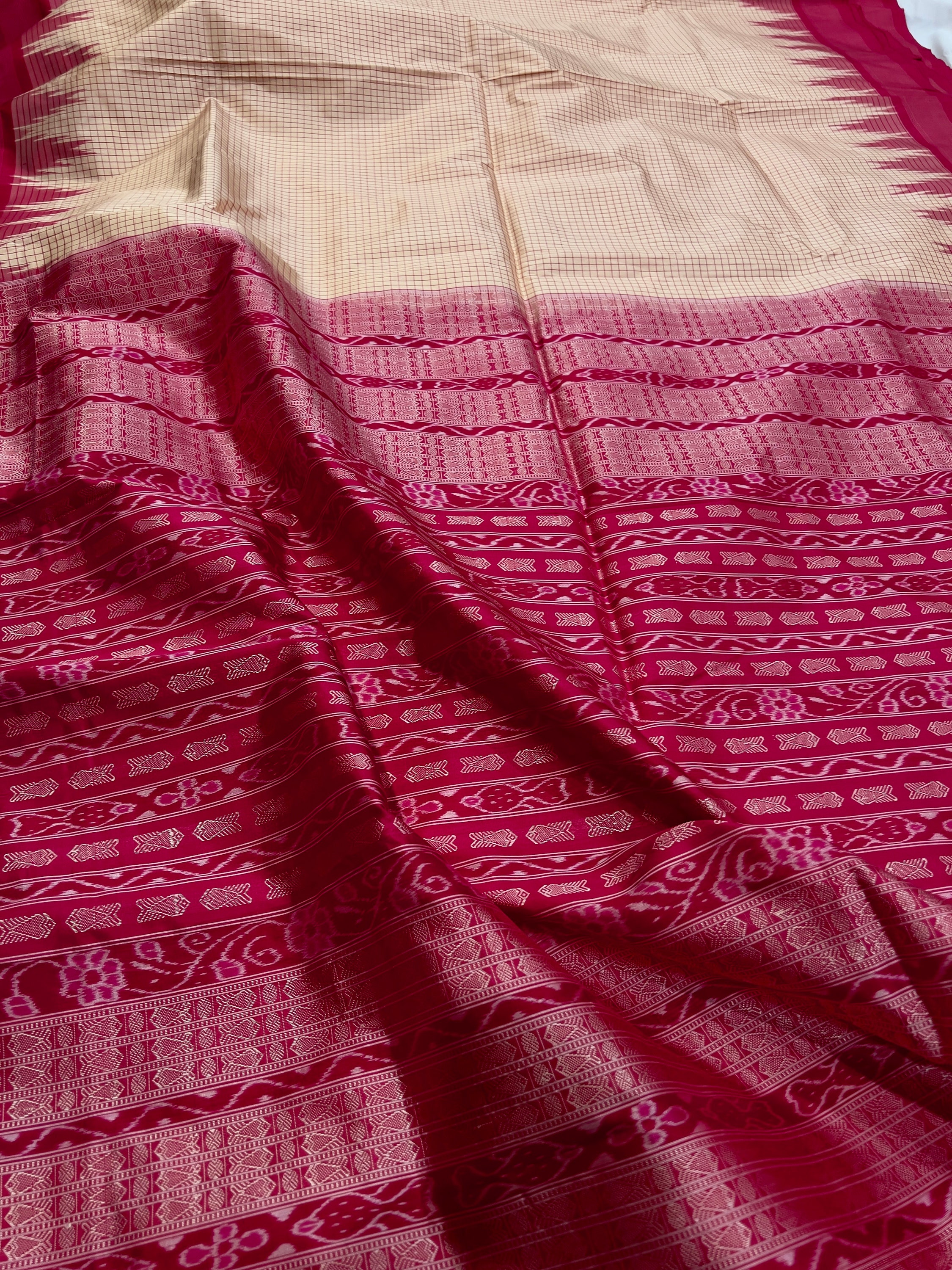Handloom Off-white and Pink Silk Ikat Saree Red Border and Pallu Orissa ...