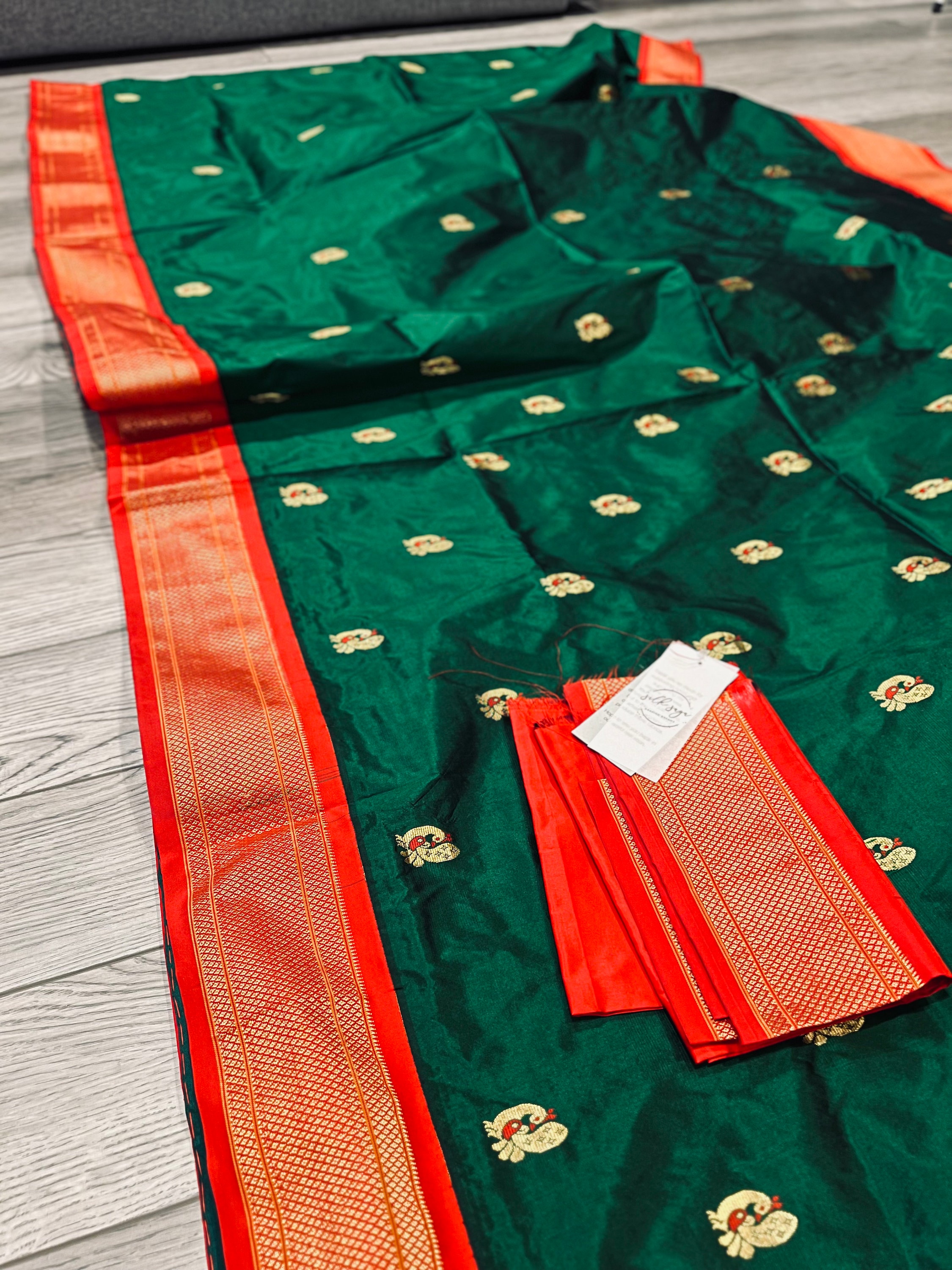 Powerloom Pure Silk Rani Paithani Sari in Sea Foam Green With Red ...