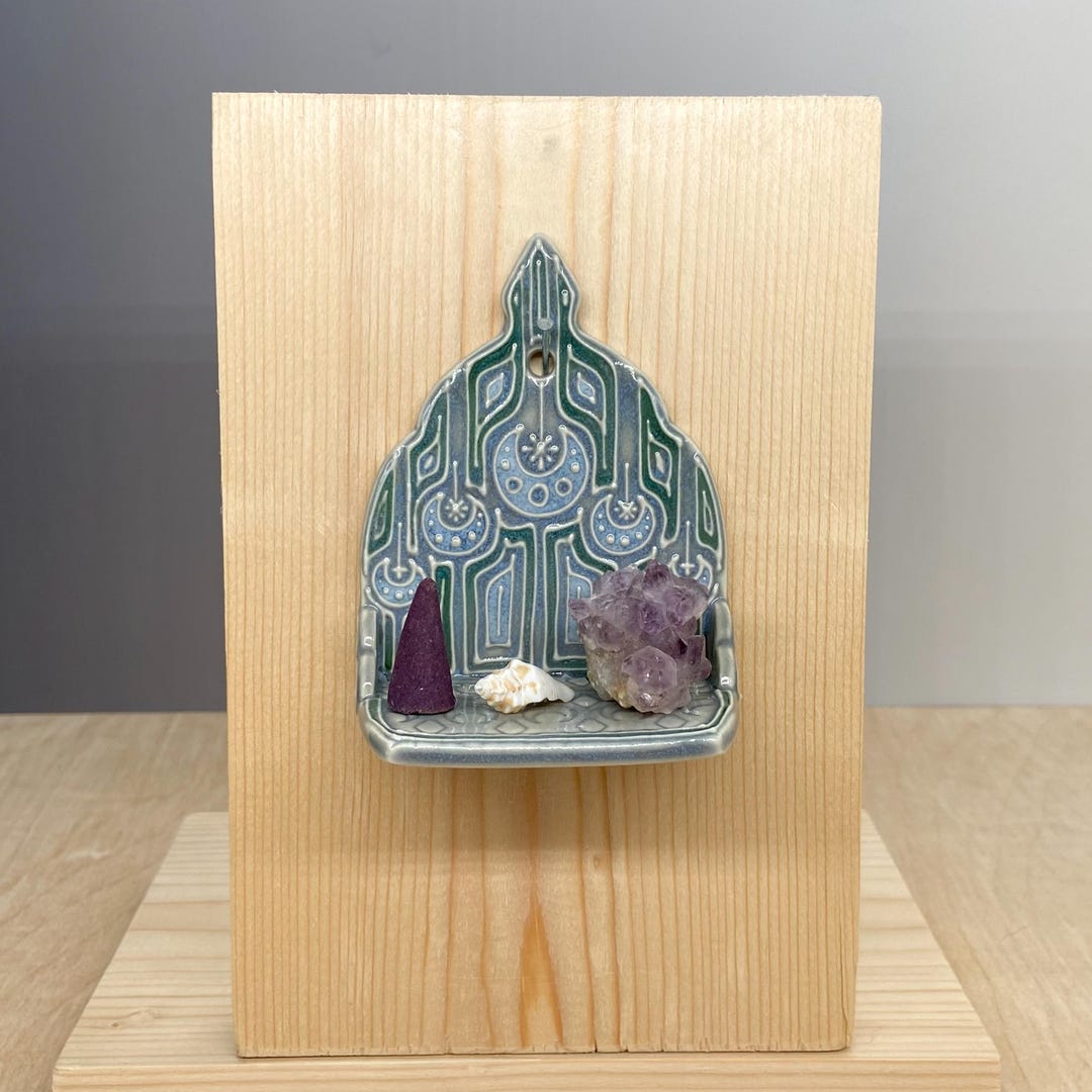 Small Handmade Ceramic Shelf - Wall Mounted Crystal Shrine - Lunar Floral Design - Slip Trailed ...