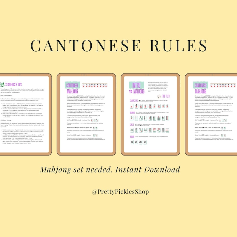 Chinese Mahjong Guide Cantonese Mahjong Reference Guide Mah Jong Cheat ...
