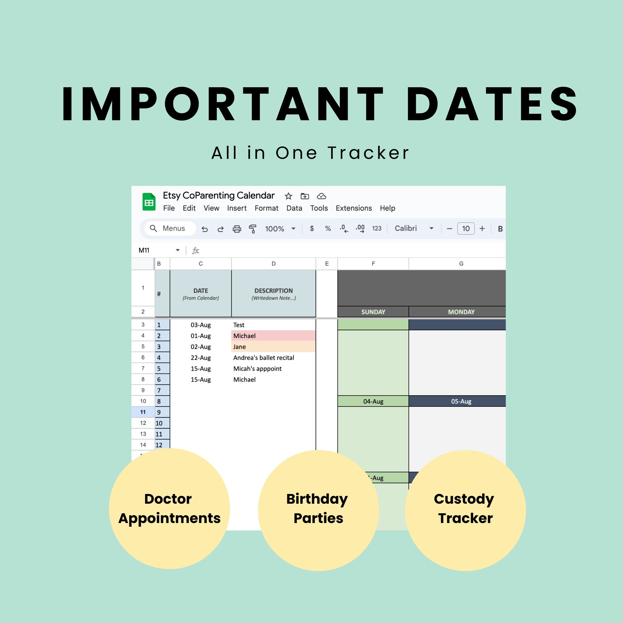 Co Parenting Calendar Organiser Divorce Custody Planner Editable Google ...