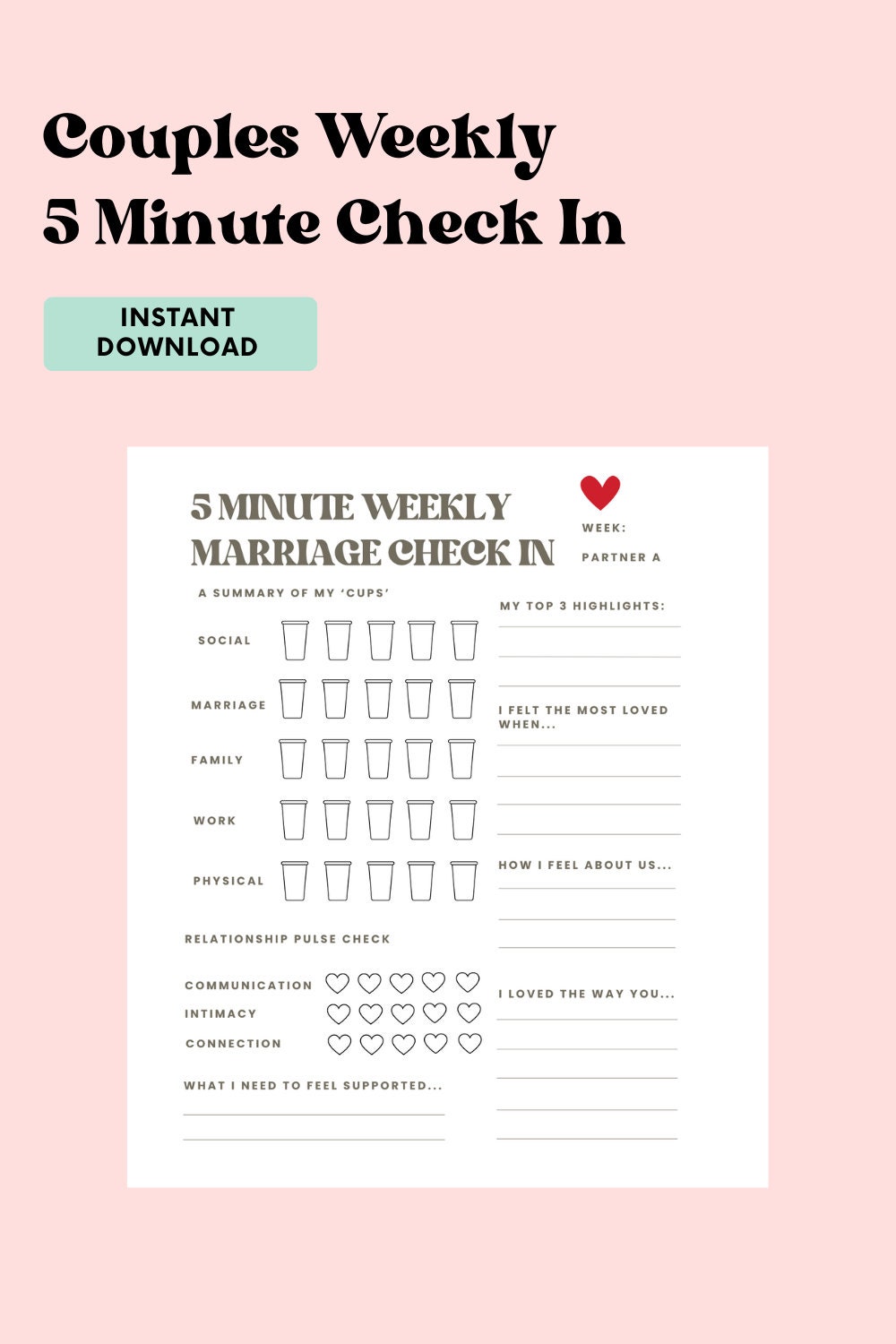Couples Weekly Check-in Worksheet Marriage Health Check Questions ...