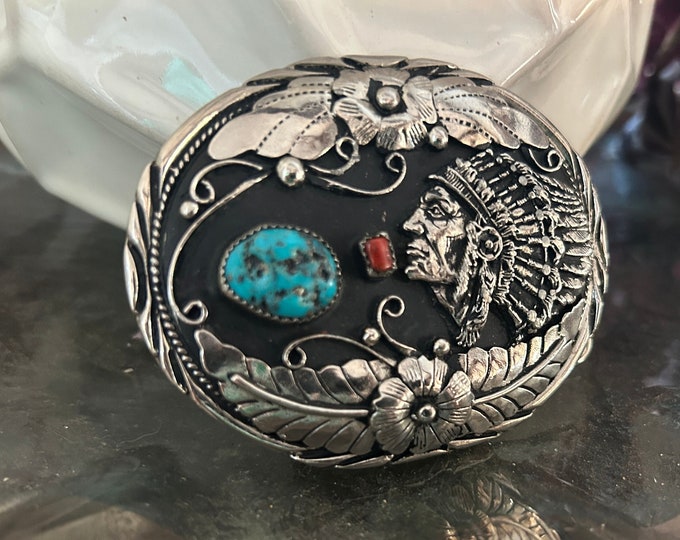Beautiful Rare Vintage Belt Buckle Turquoise Coral Inlay Chief ...