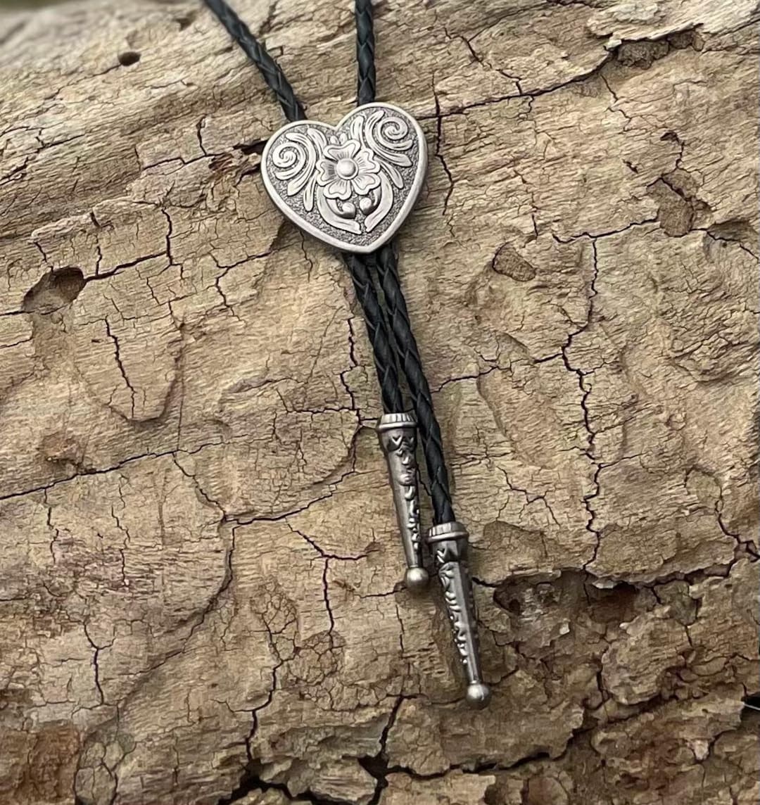 Silver Heart Bolo Tie - Handmade Western Gifts for Him Leather Necktie ...