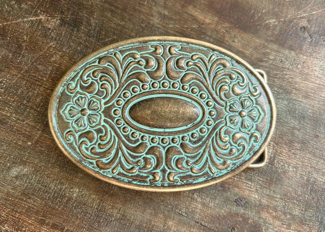 Antique Turquoise Brass Belt Buckle - Patina - Oval Engraved Western ...
