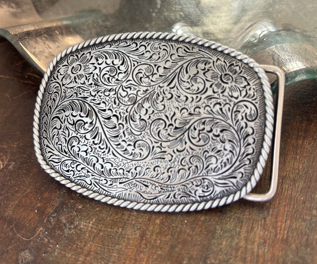 Engraved Silver Belt Buckle: Western Rodeo Style With Rope Border - Etsy