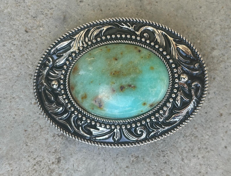 Turquoise Stone Belt Buckle: Engraved Silver Western Design - Etsy
