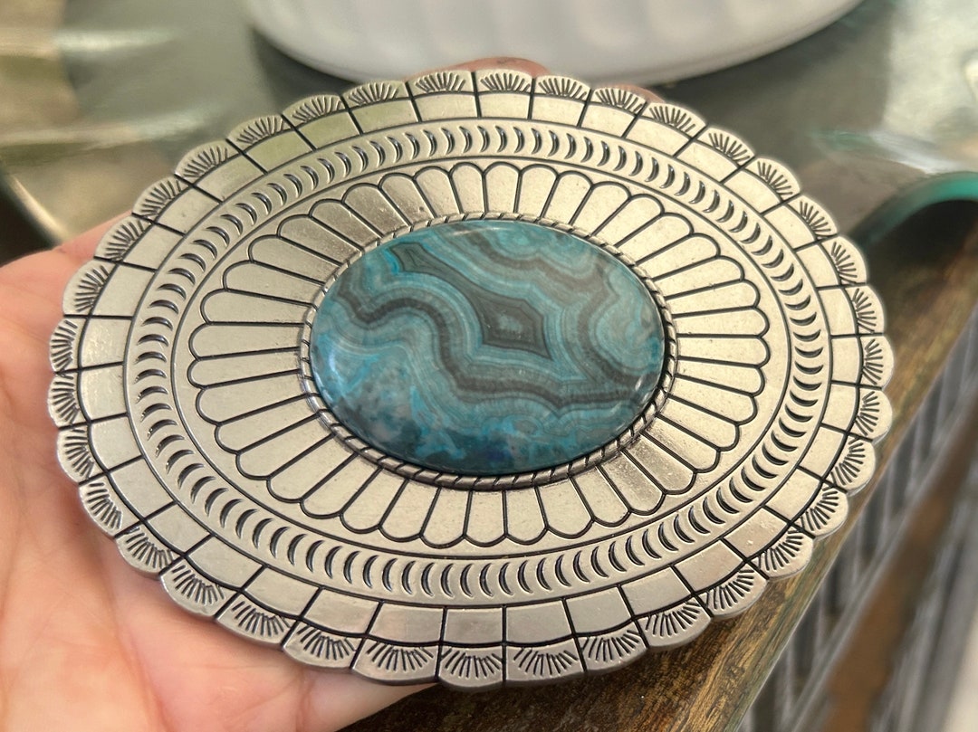 Large Blue Stone Western Belt Buckle – Silver Cowboy Concho, Fits 1.5 ...