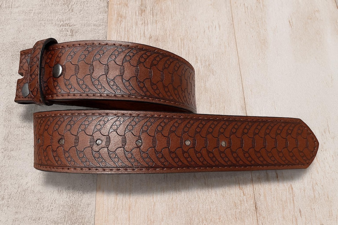 Tooled Leather Snap Belt Strap: Vertebrae Print, Western Style - Etsy